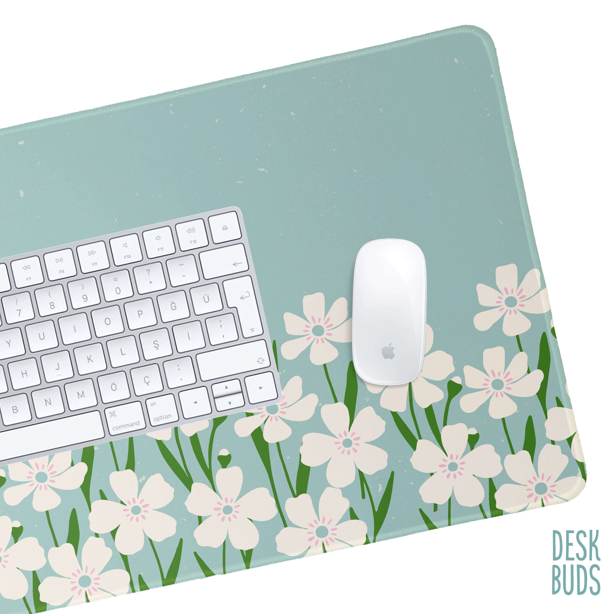 Floral Border Large Desk Mat - mint green with cream flowers – DeskBuds