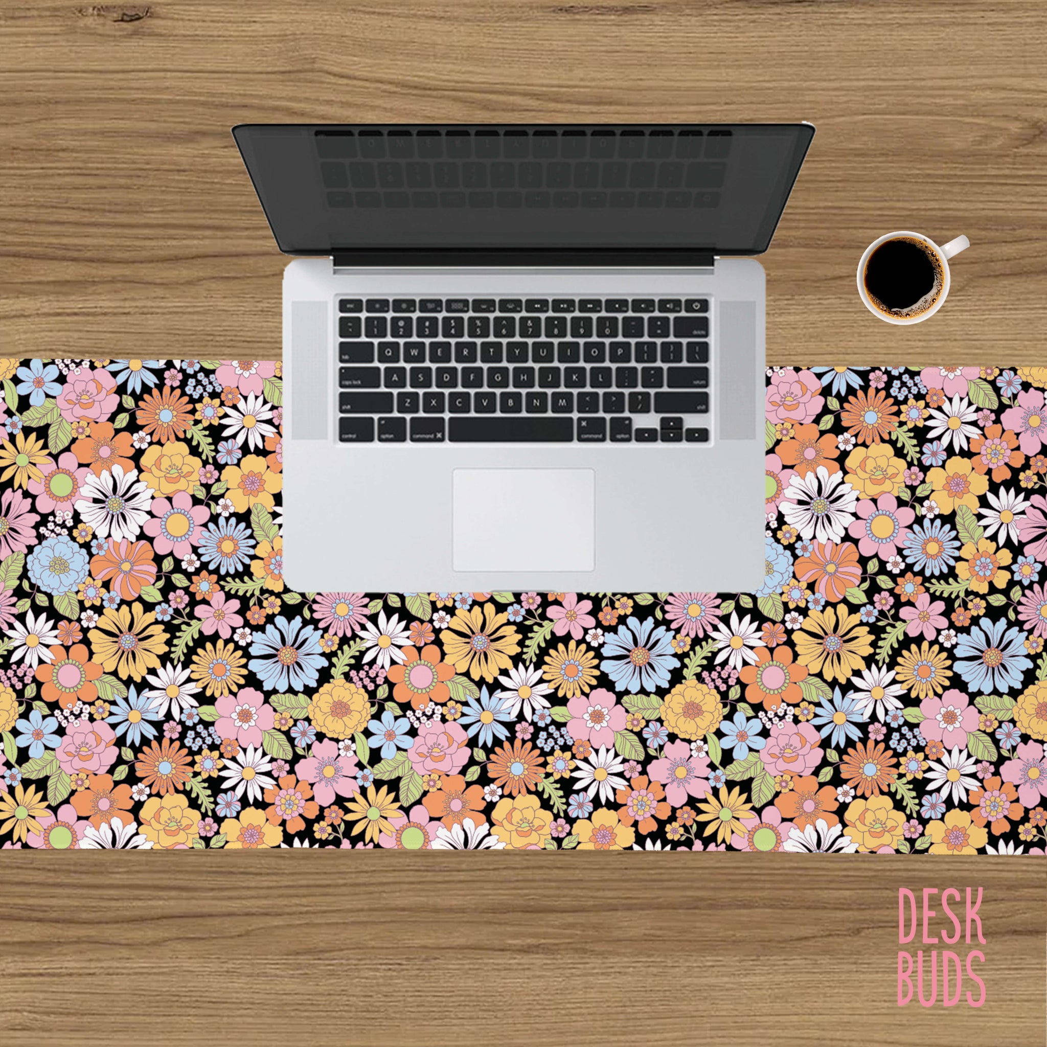 Bright Retro flower Desk Mat with black background 80x30cm – DeskBuds